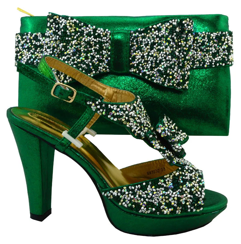 New Arrival Green Color Shoes and Bag Set Decorated with Appliques High ...