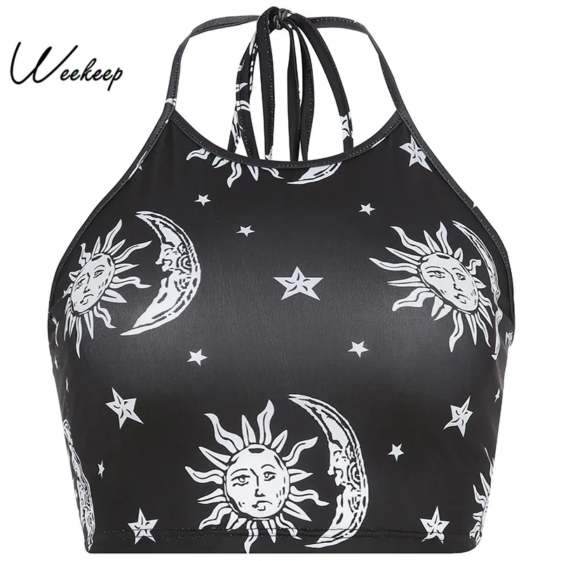 Weekeep Sexy Cropped Halter Tank Top Women Print Cropped Bodycon