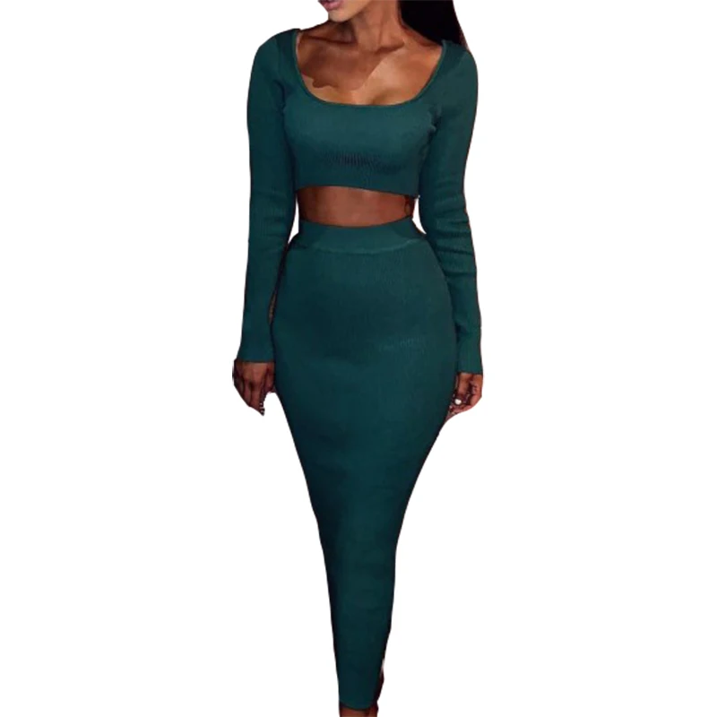 Two Piece Set 2019 Party Women Sets Long Sleeve Crop Top Long Skirt