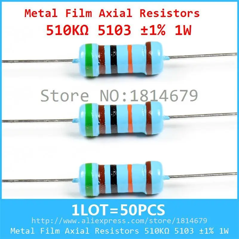 1LOT-50PCS-Metal-Film-Axial-Resistors-510Kohm-5103-1-1W-510000ohm ...