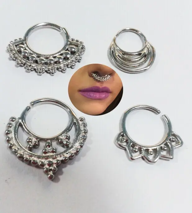 Hot Sale Silver Ornate Indian Tribal Clicker Septum Ring Captive Bar