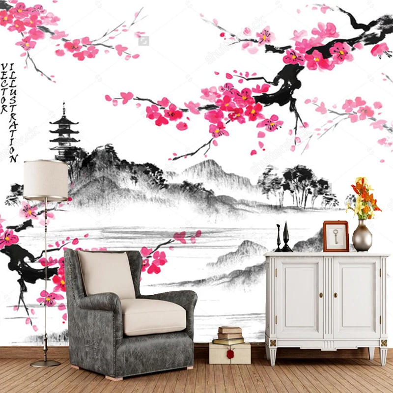 Japanese-landscape-wallpaper-Landscape-with-sakura-branches-retro-mural ...