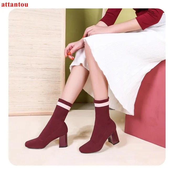 Elastic Knitting Woolen Woman's Ankle Boots Wine Red Female Short Boot ...