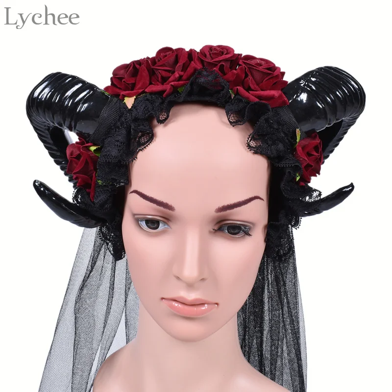 Lychee Gothic Sheep Horn Rose Flower Headband Horror Horns Halloween