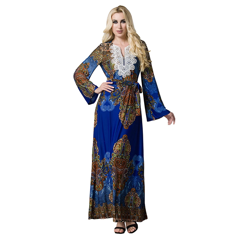 Women Ice Silk Bohemia Print Flare Sleeve Turkish Islamic Muslim Abaya ...
