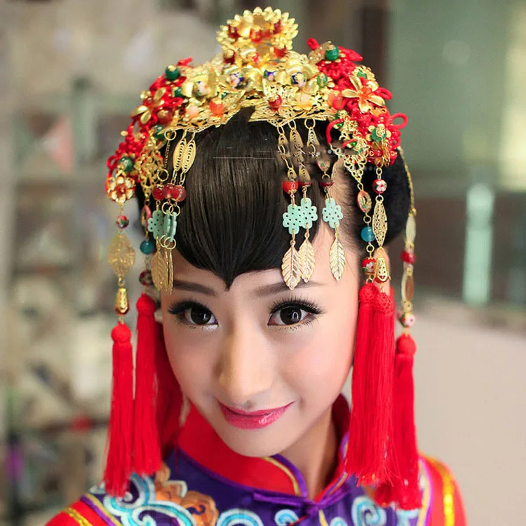 Luxury Bridal traditional Chinese Red Beads Gold Tassel Princess Bridal ...