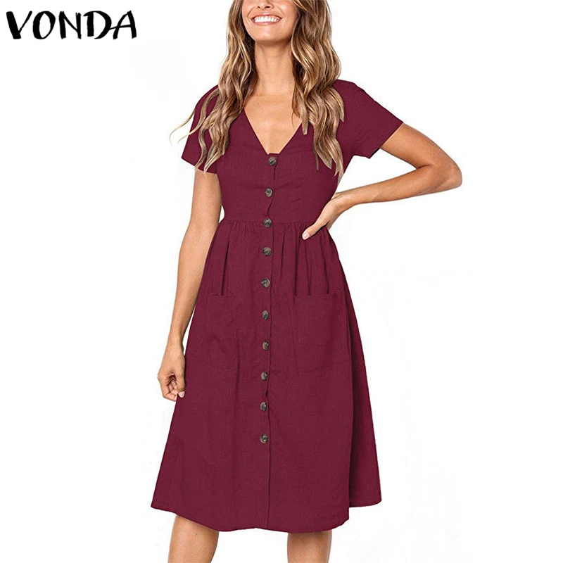 VONDA Women Knee length Dress 2019 Summer Female Retro Sexy V Neck ... VONDA Women Knee length Dress 2019 Summer Female Retro Sexy V Neck ...