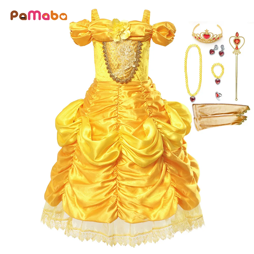 PaMaBa Girls Princess Belle Dress Kid Cosplay Costume Outfit Children ...