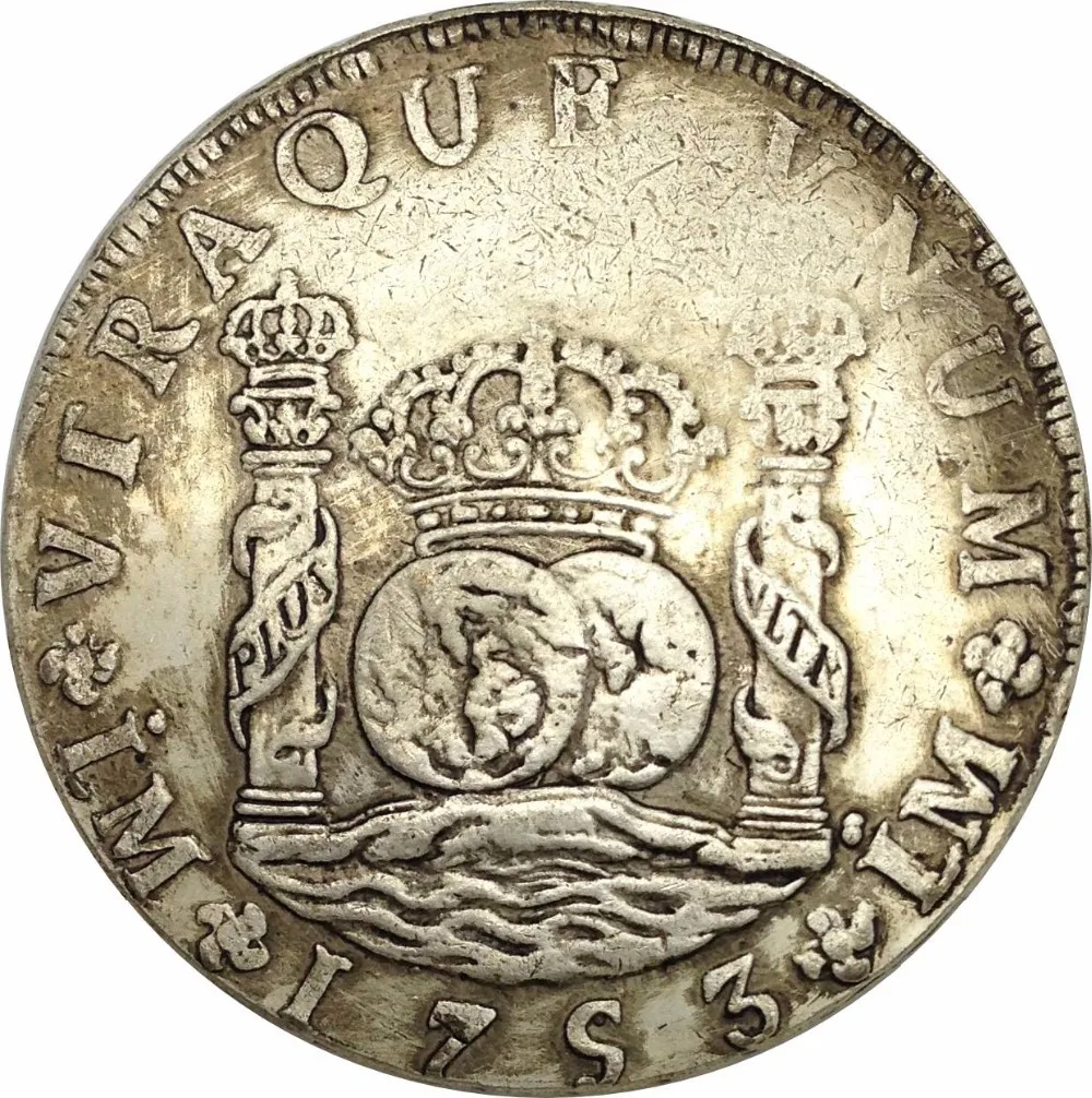 Lm.vtraque Vnum Ferdnd.vi.d.g.hispan.etind.rex. 1753 J.8 Reales Milled ...