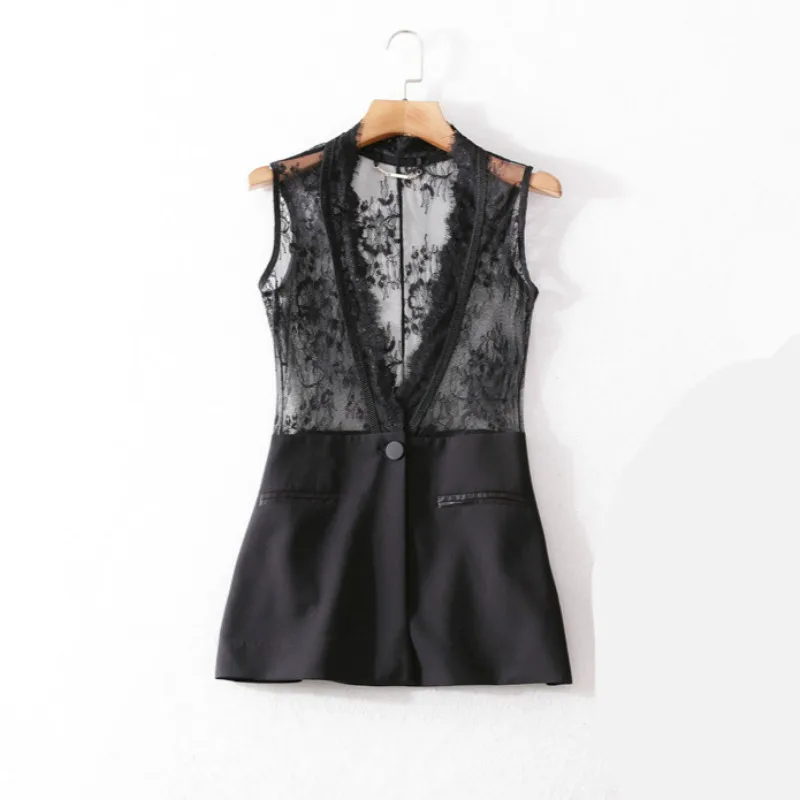 Fashion Sexy Vest For Women Lace Patchwork Single Button 2019 Office