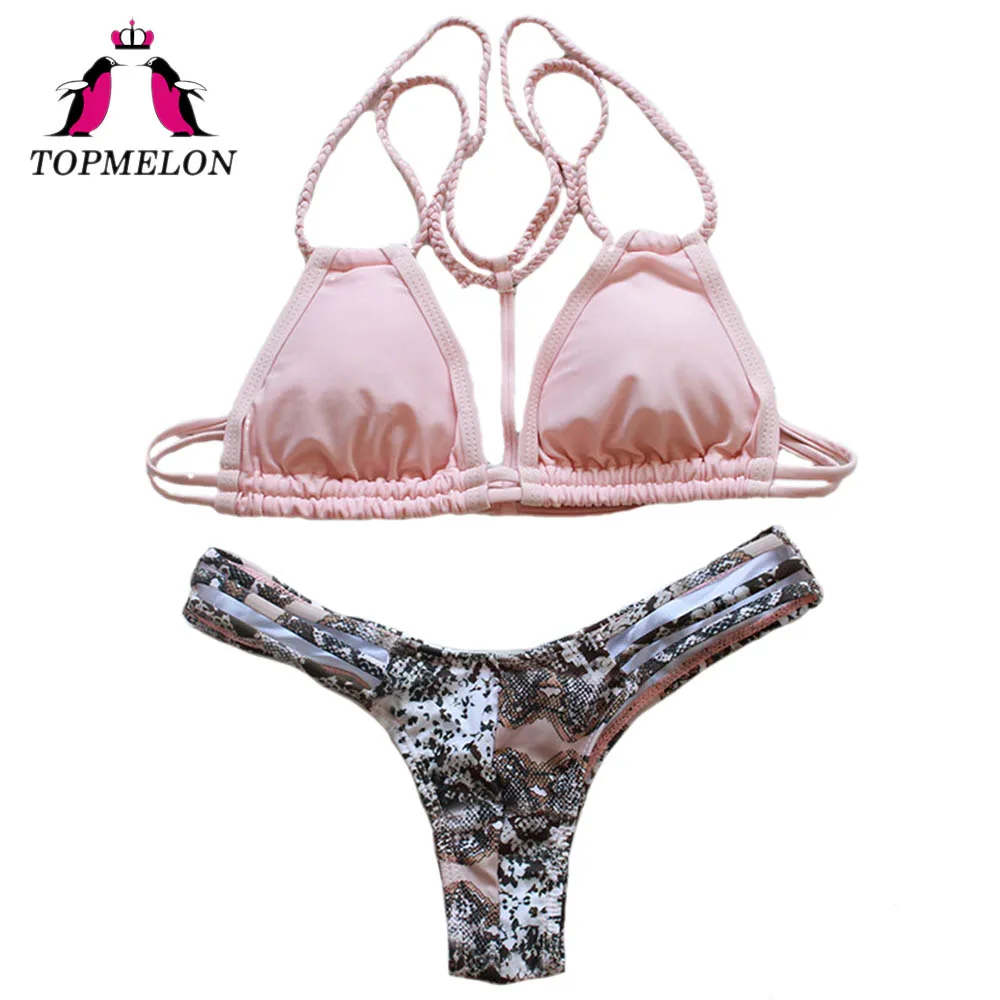 Topmelon Bikini Swimsuit Women Print Push Up Sexy Lace Up Pink Hollow