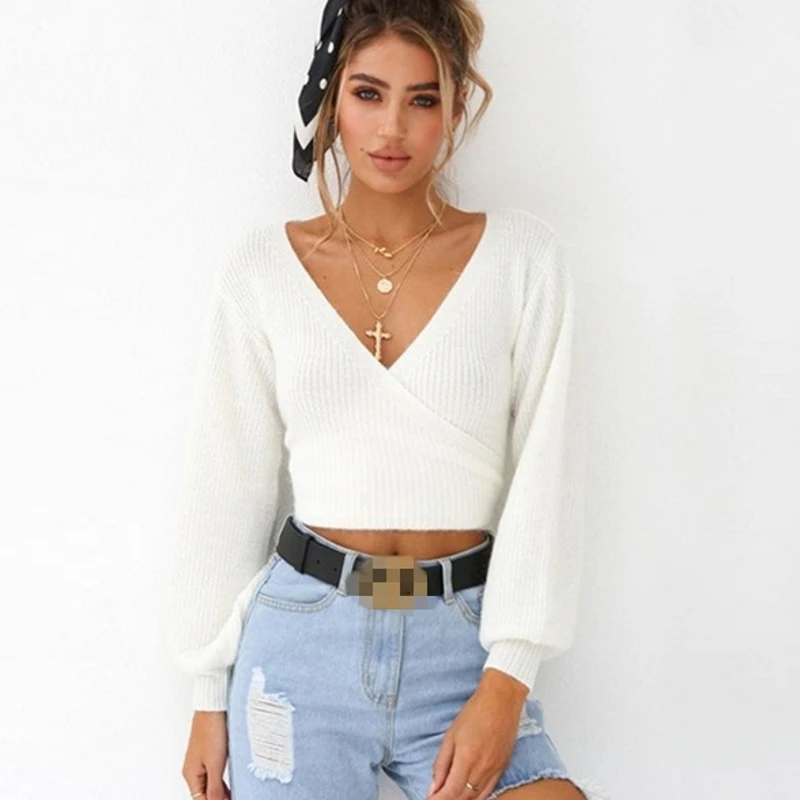 New Autumn Short Sweater Women Crop Top Sexy V neck Wrap Back Lace Up ...