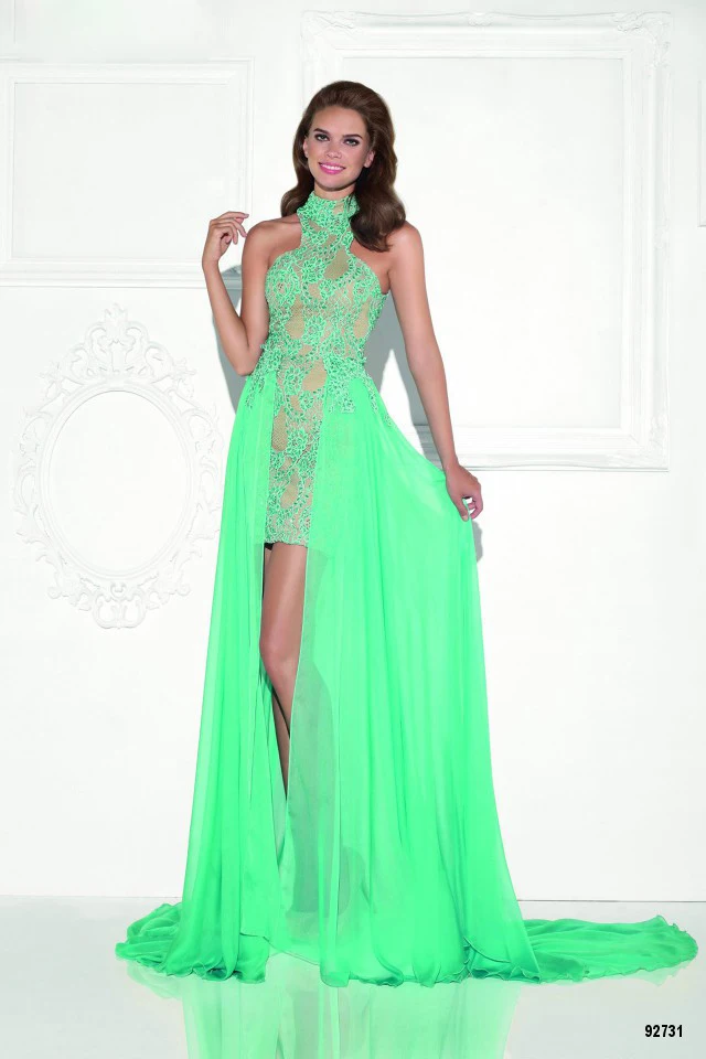 High Neck Fluorescent Green Lace Applique Prom Dress Cheap Hot Striaght ...
