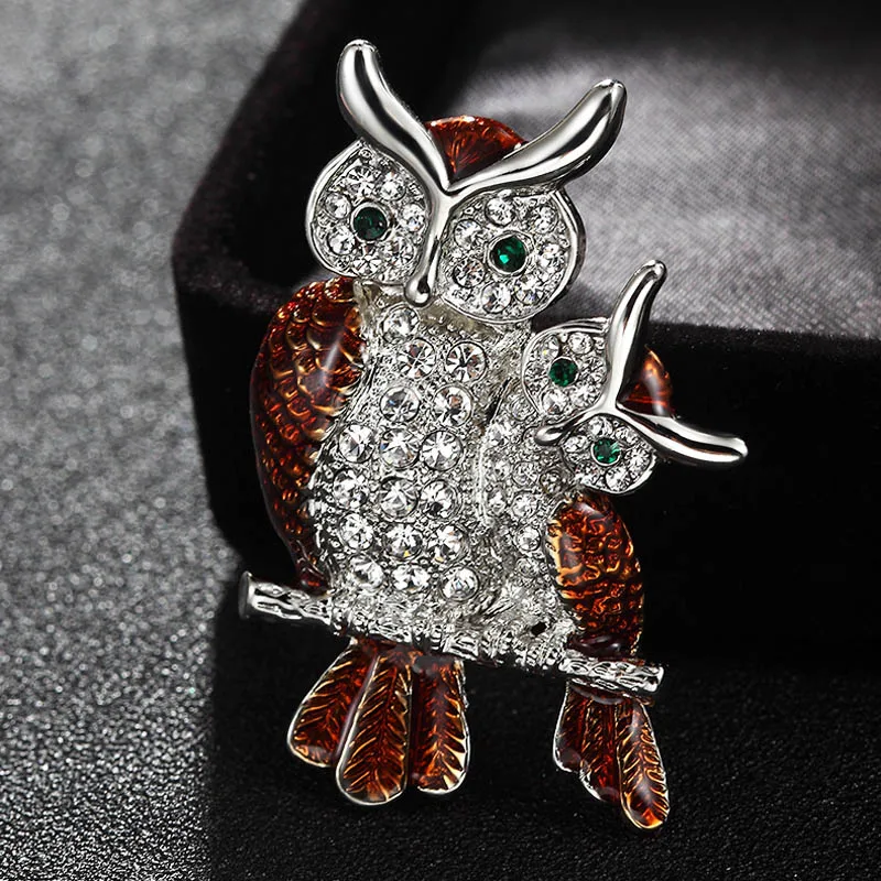 Cute Big Owl And Small Owl Men Brooches Jewelry Brand Rhinestone