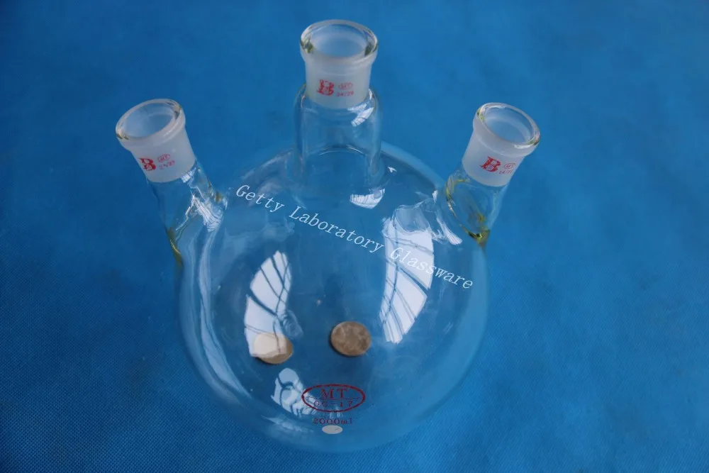 Glass 2000ml Three Neck Round Bottom Boiling Flask Joints 24/40 ...