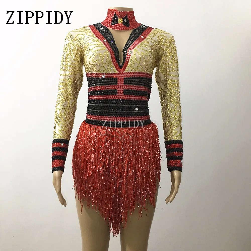 Sparkly Gold Crystals Womens Bodysuit Red Tassel Full Rhinestones