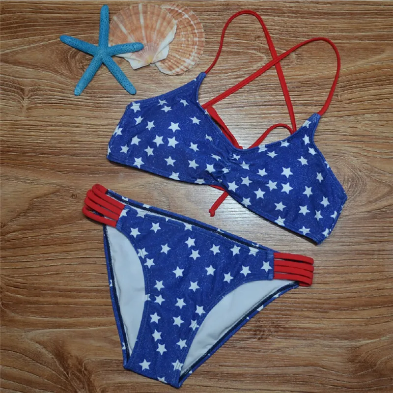 Itfabs Bikini Set Blue Star Print Bikinis Bandage Push Up Padded