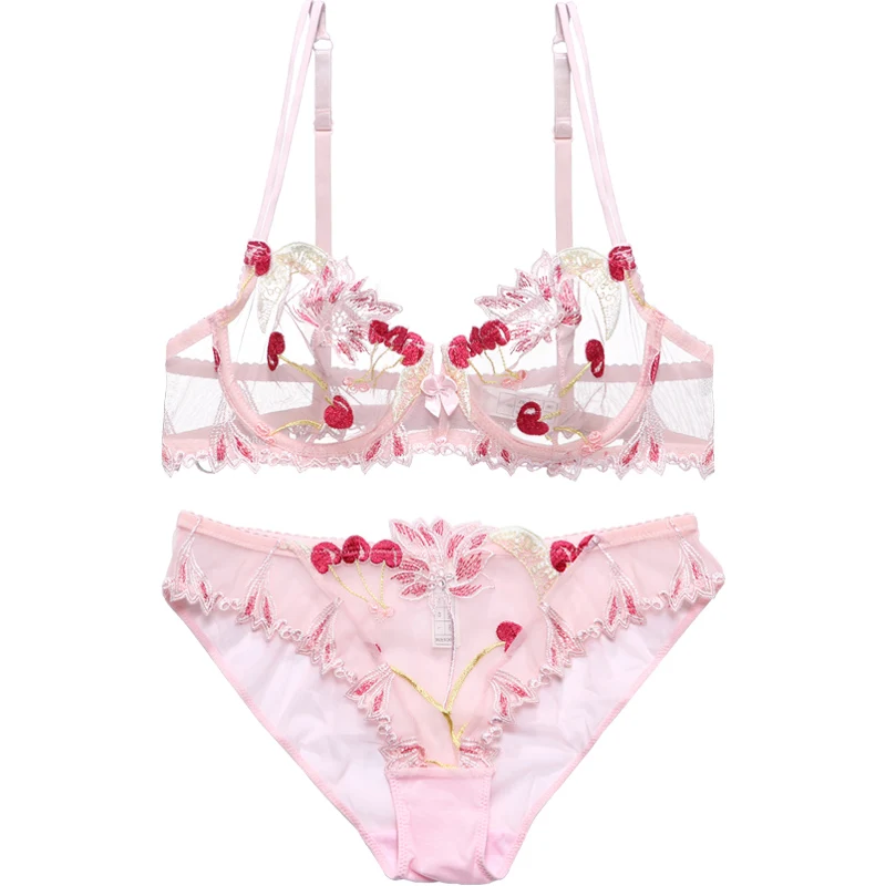 Frauen unterwäsche Rosa Bh und Höschen Set Transparent Bh Set Dessous Kawaii Kirsche Stickerei ...