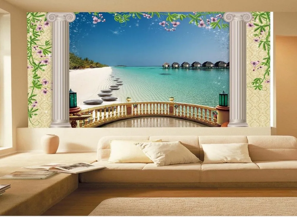 Wallpaper 3d stereoscopic Roman column balcony with sea view Custom 3d ...