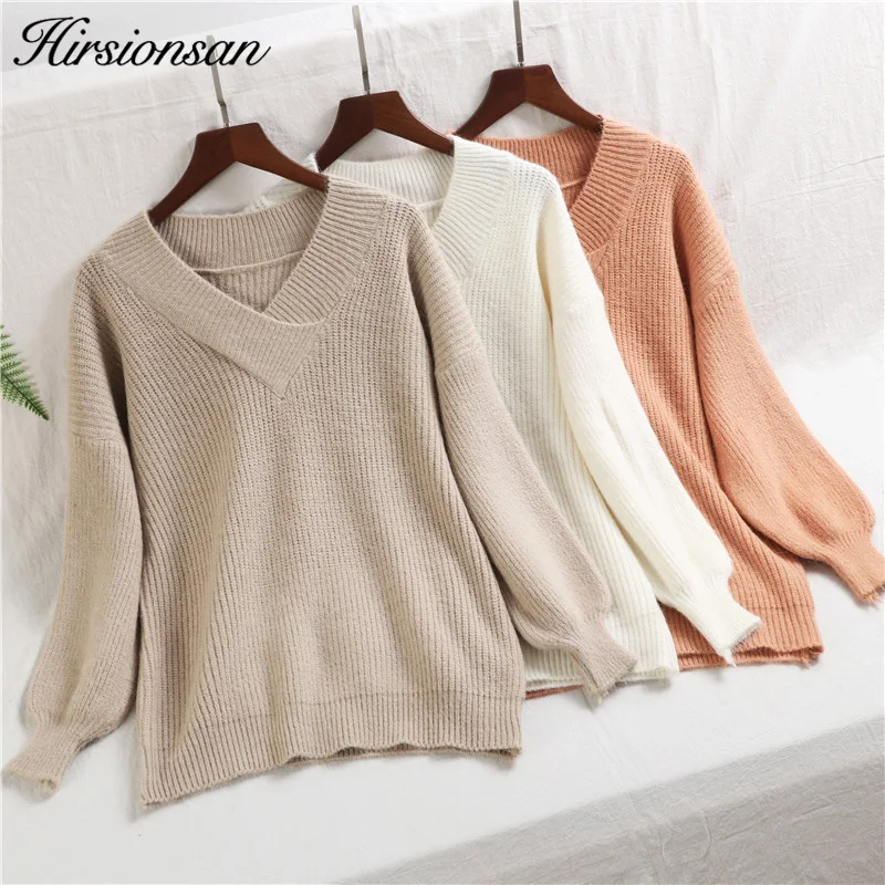 Hirsionsan V Neck Sweater Women 2018 Winter Autumn Cashmere Pullovers