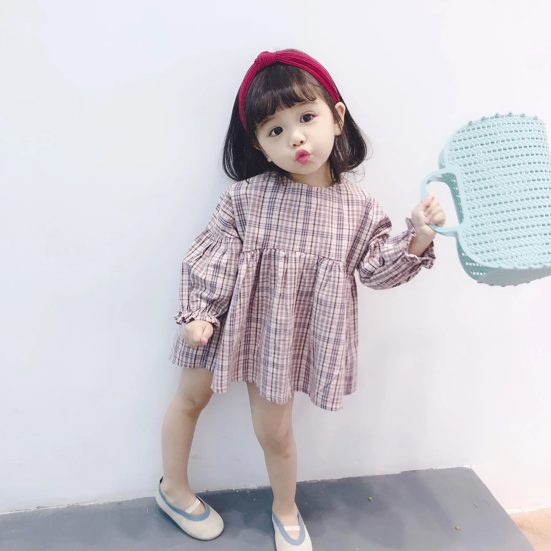 2019 Spring cute girls pink plaid puff sleeve loose A line fashion ...