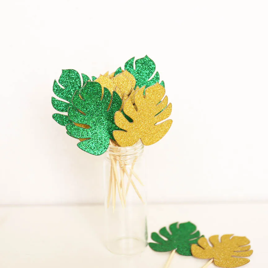 Monstera Leaf Cupcake Toppers,24 Set gold glitter topper, Tropical ...