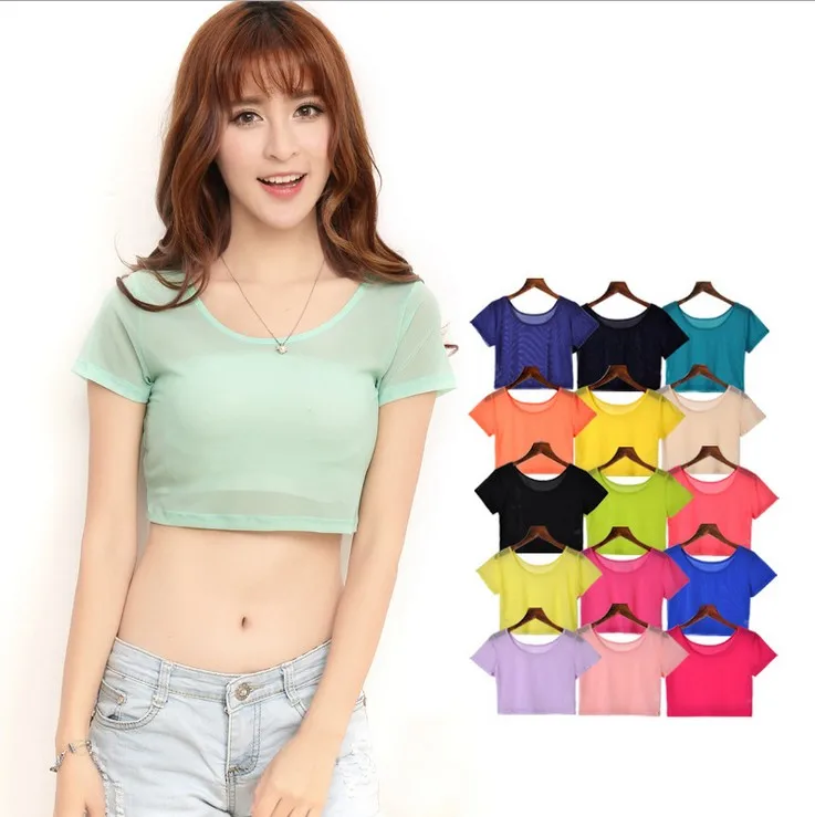 Women Semi transparent Mesh Crop Tops Girl Short Sleeve T Shirts Large ...
