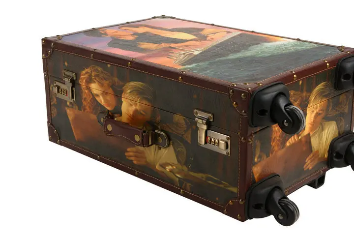 PU leather Wood 4 Wheels suitcase Travel Trolley Painting Cabin Luggage ...