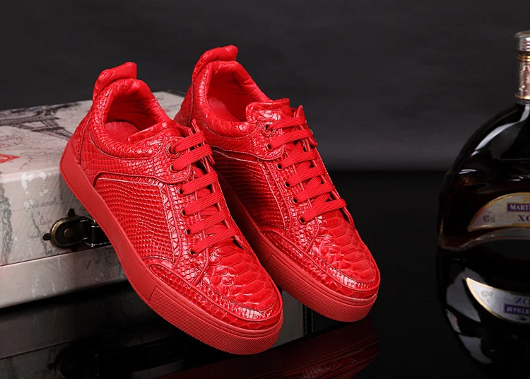 Men's genuine leather high top sneakers red crocodile animal print lace ...