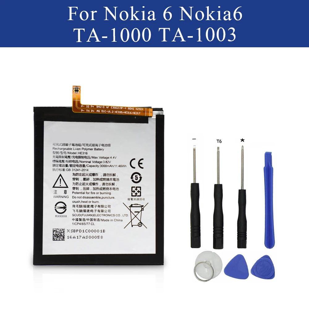 New Spare Battery HE316 For Nokia 6 Nokia6 TA 1000 TA 1003 Built in ...