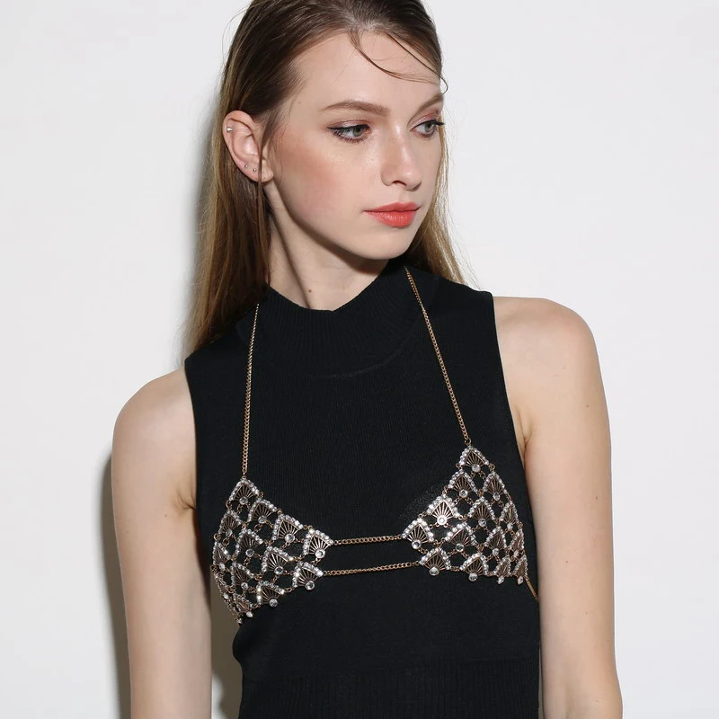 Vintage Crystal Shell Body Chest Chain Zinc Alloy and Crystal Link ...