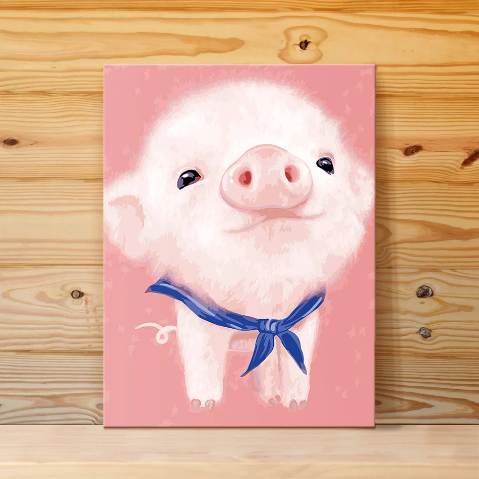 New Framed Diy Painting By Numbers Small Cute Pig Hand Painted Oil ...