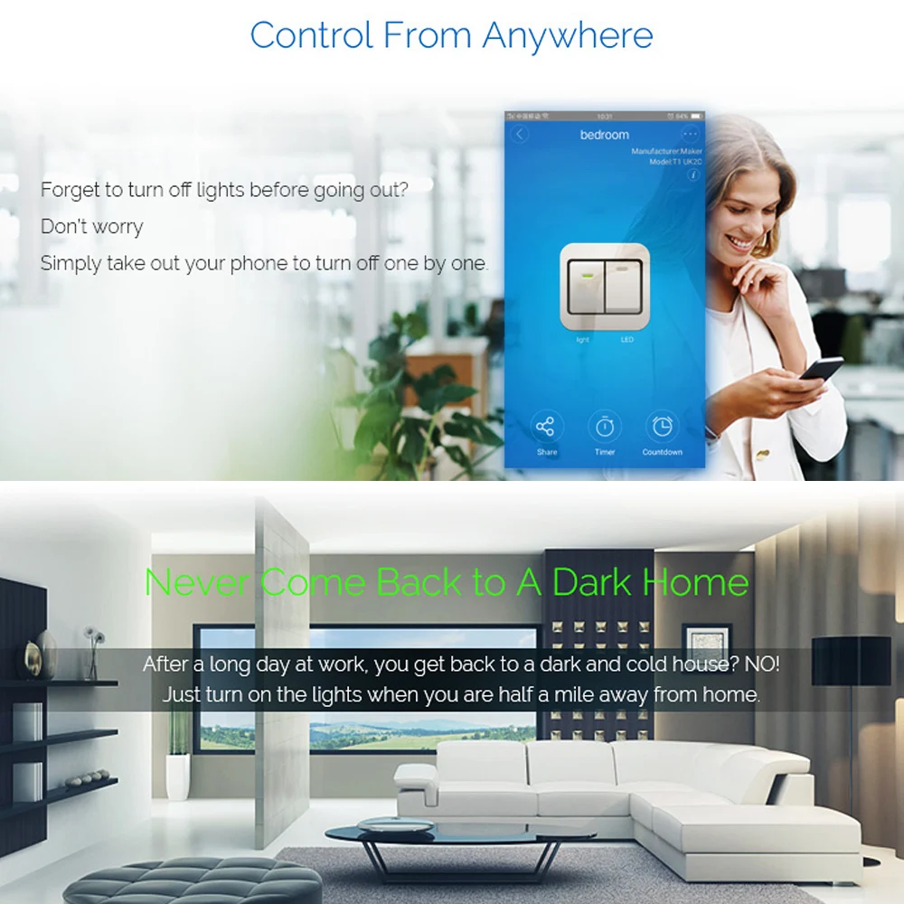 SONOFF Touch T1 EU UK 1/2/3 Gang 433MHZ RF Wifi Smart Wall Switch With ...