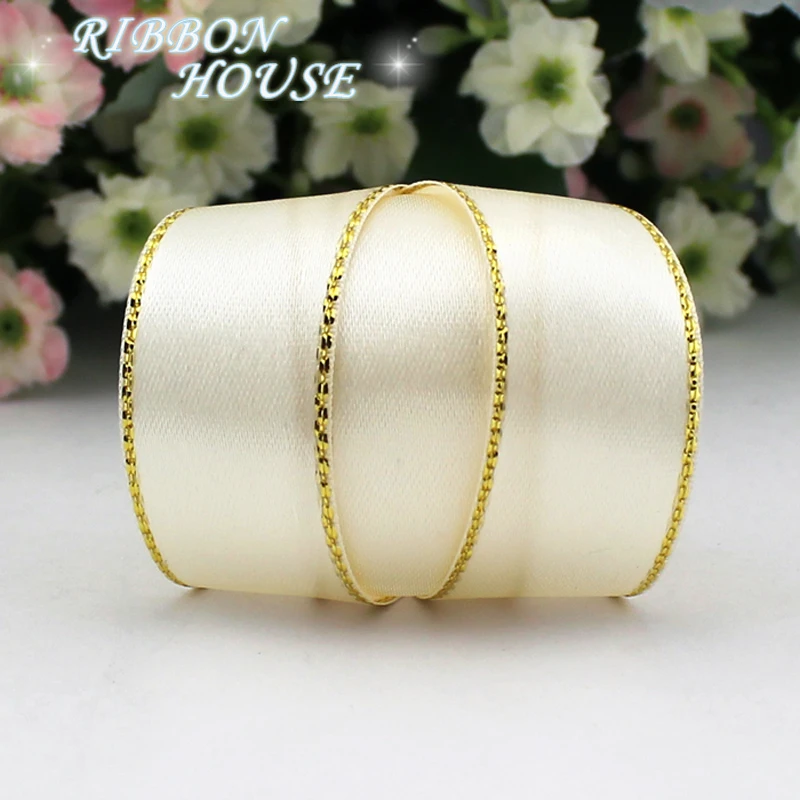 (25 Yards/lot) 20/25/40mm Satin Ribbons Cream White Gold Edge Wholesale ...