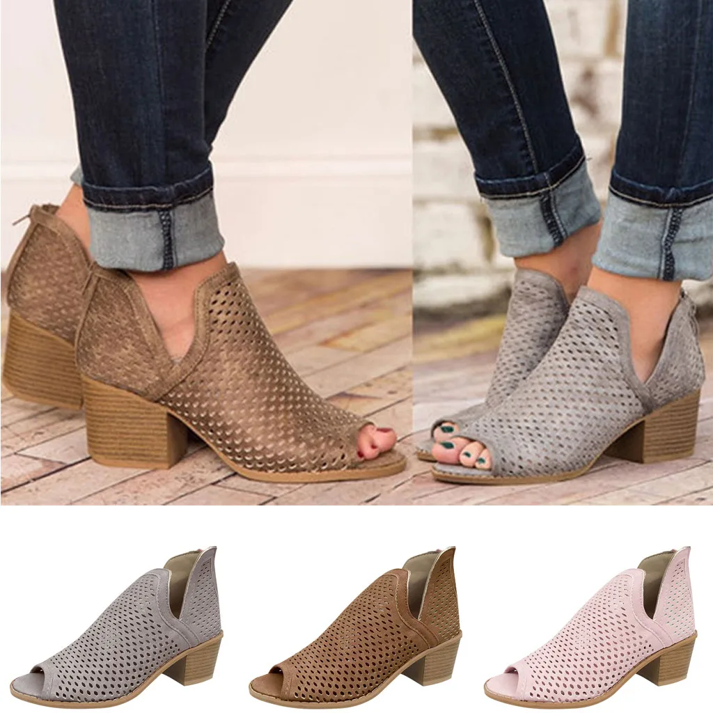 Women Ladies Sandals Ankle Party Open Toe Shoes Low Heel Peep Toe Shoes