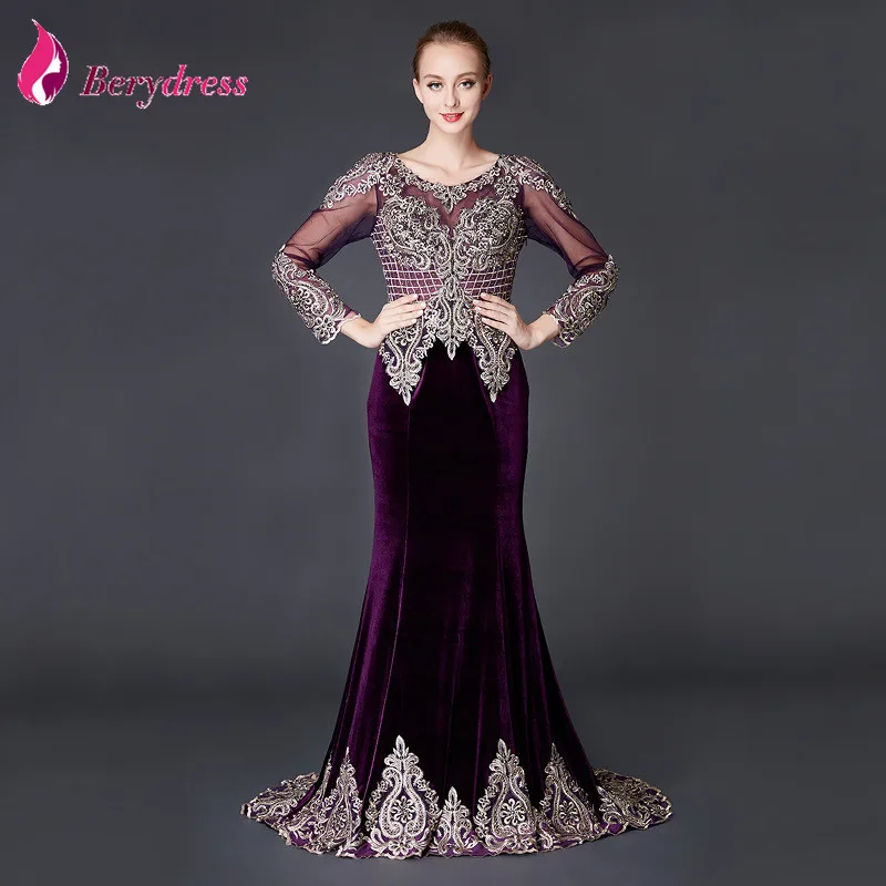 Mermaid Mother of the Bride Dresses O neck Full Sleeve Appliques Velvet ...