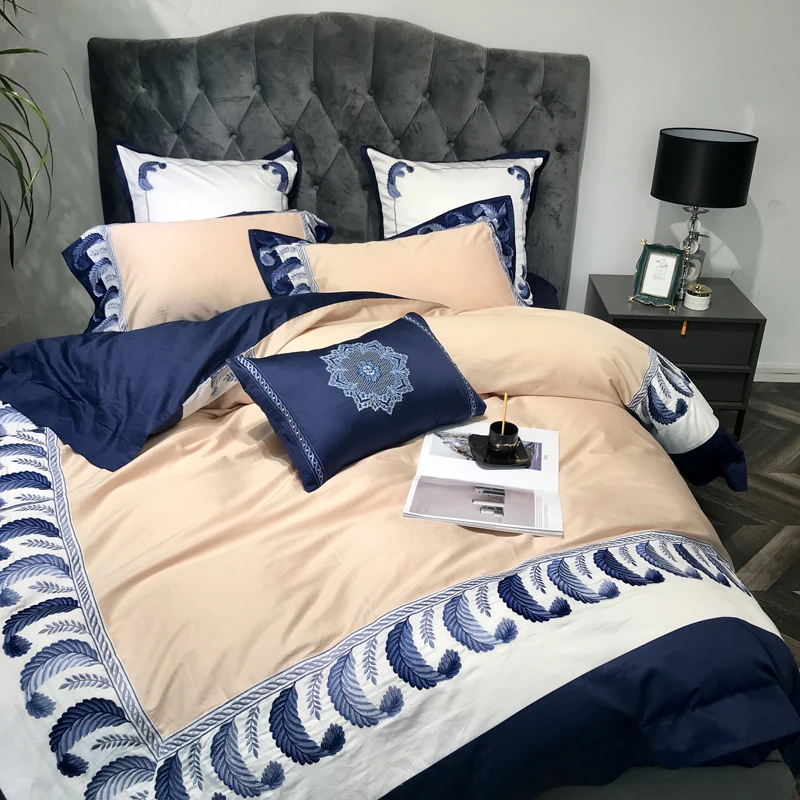 Luxury Blue 120s Egyptian Cotton Embroidery Royal Bedding Sets Queen