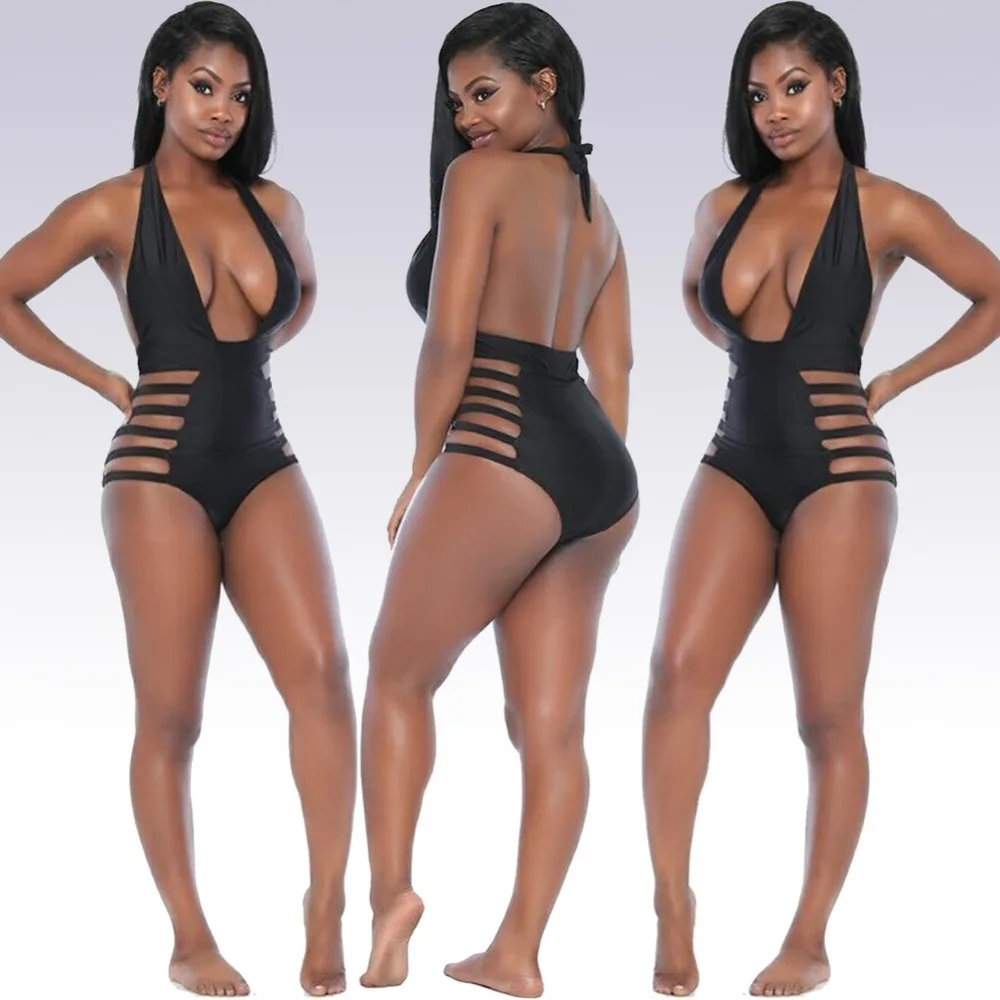 New 2016 Fashion Sexy Summer Women Swimsuit Black Hanging Neck Cleavage