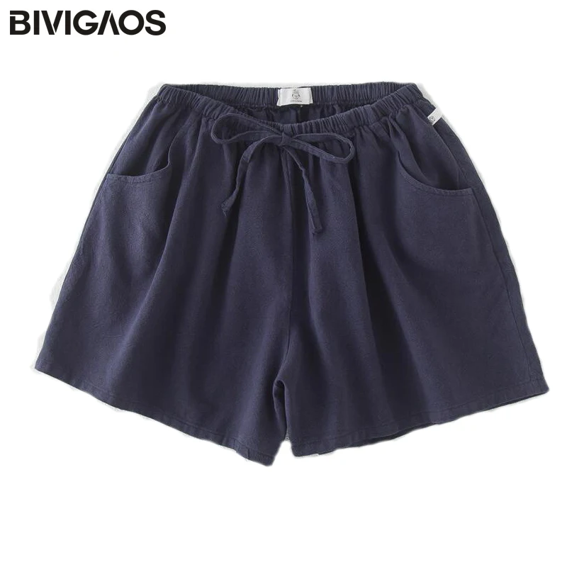 Bivigaos Cotton Linen Elastic Waist Wide Leg Shorts Women Casual Loose