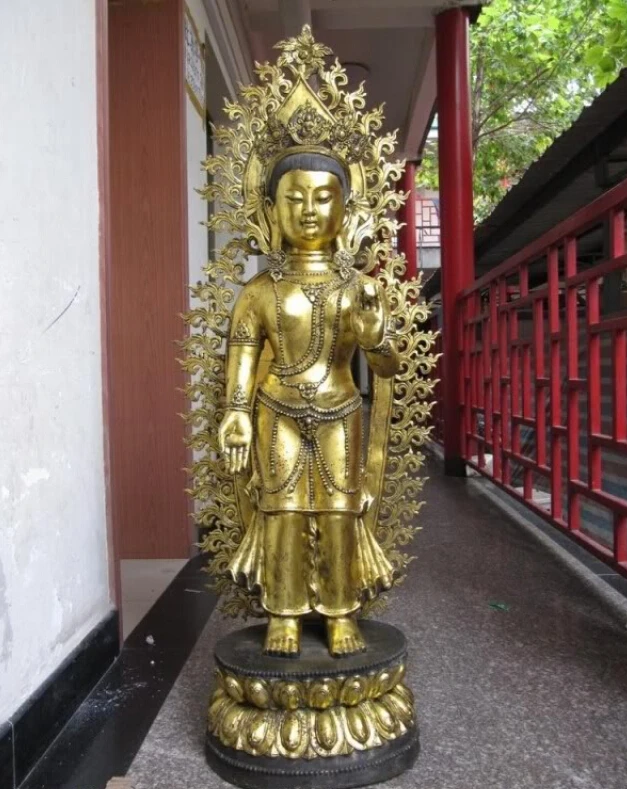 Collectible bronze 54 Inch" Tibet temple Old Bronze Gild Stand Kwan Yin ...