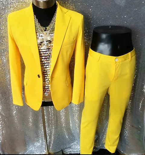 Neon yellow orange Men suits New style fashion male singer suit set ...