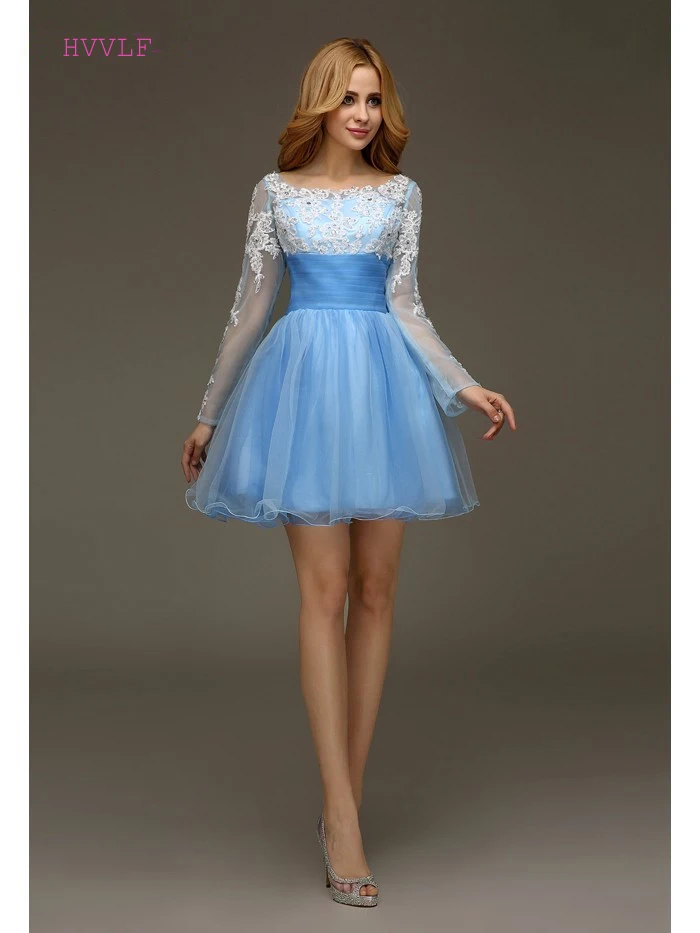 Sky Blue 2019 Party Homecoming Dresses A Line Long Sleeves Short Mini