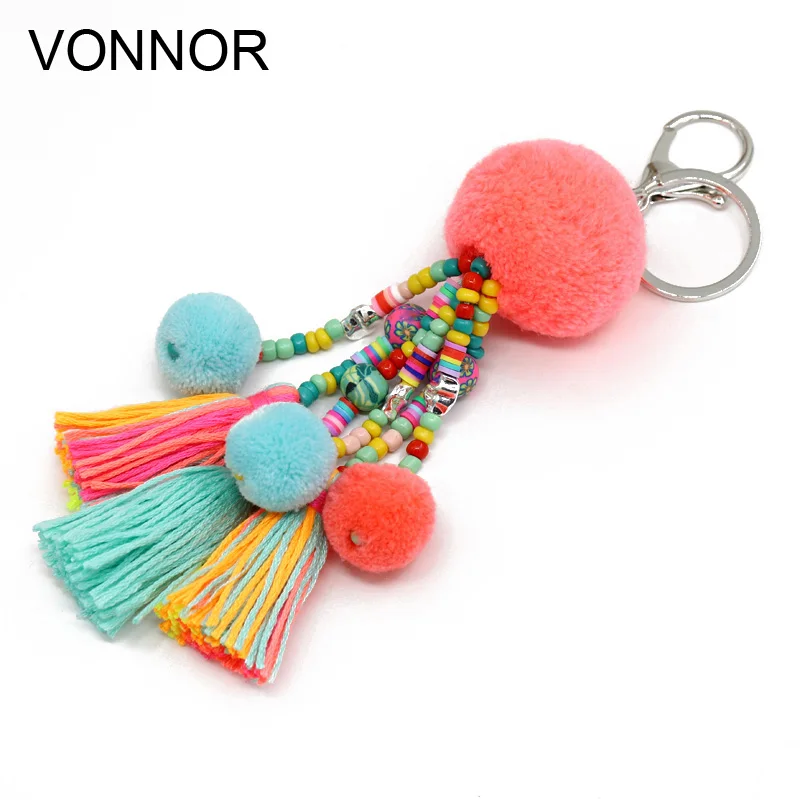 VONNOR Jewelry Boho Keychain Colorful Beads Tassel Pompom Pendant Car ...