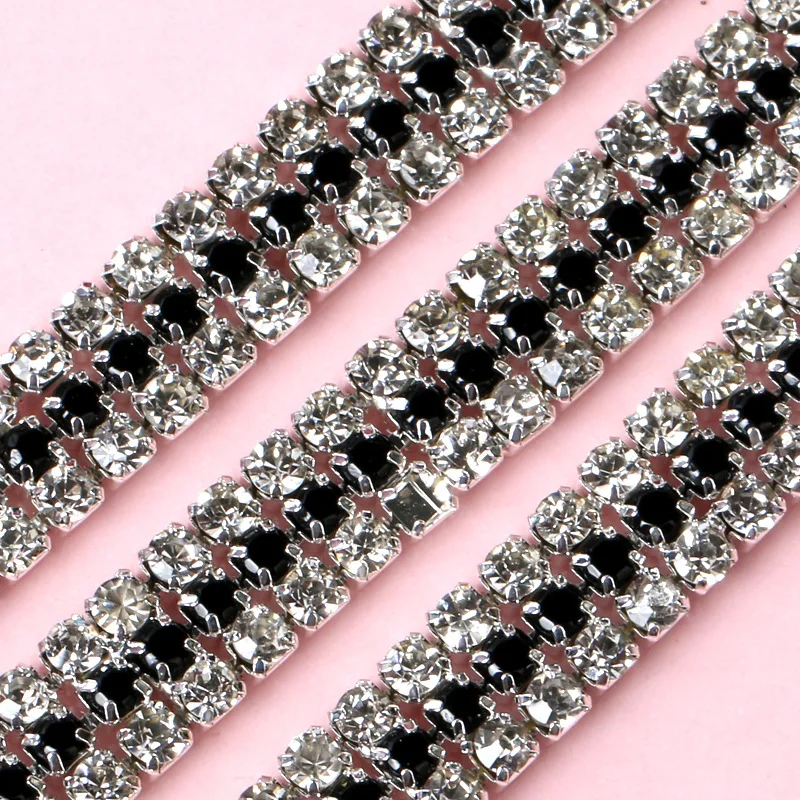 1 Yard Silver 3mm 3 Row Clear And Black Rhinestone Trims Crystal Chain