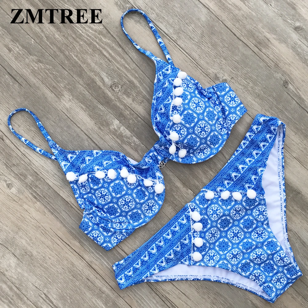 Zmtree Push Up Bikini Women Swimwear Tassel Bathing Suit Chic Printed