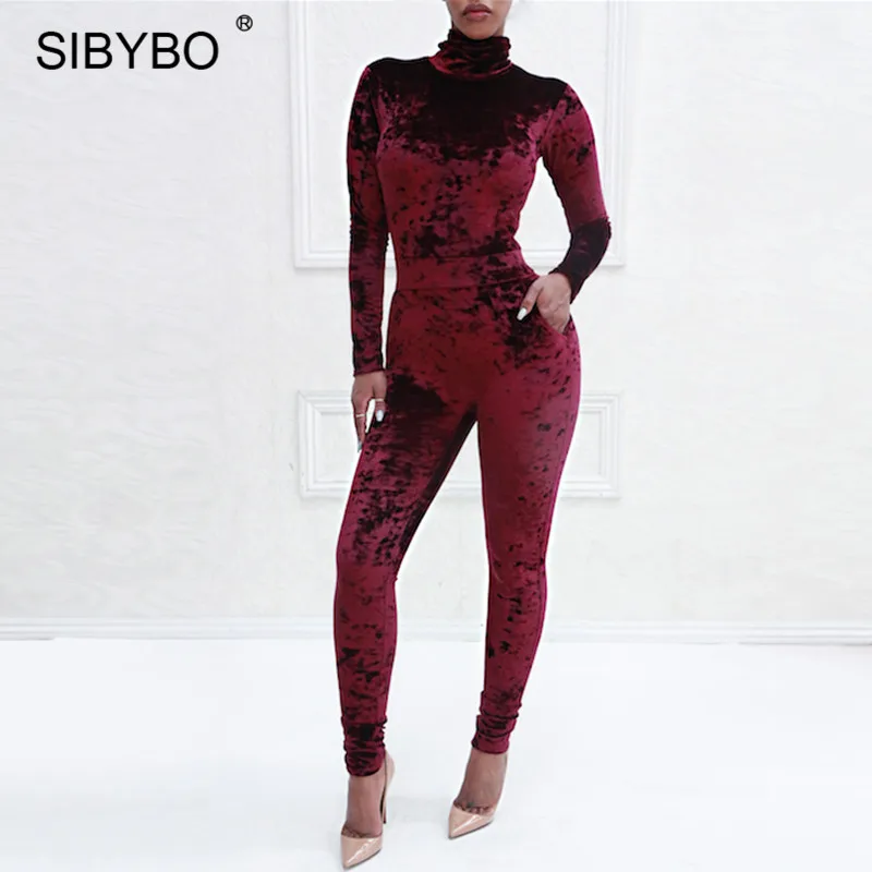 Sibybo Turtleneck Velvet Sexy Jumpsuit Romper Women Slim Bodycon