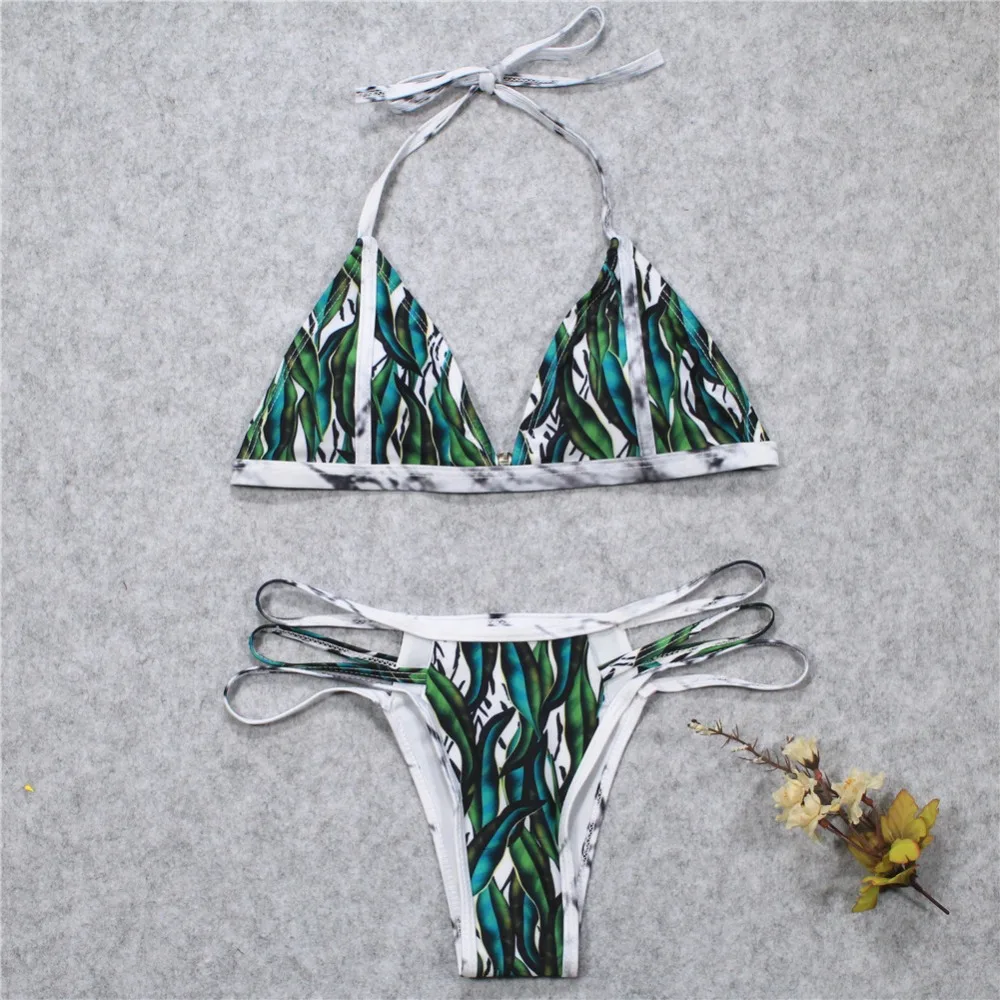 Sexy Swimsuit Swimwear Women Bikini 2018 Green Leaves Print Micro