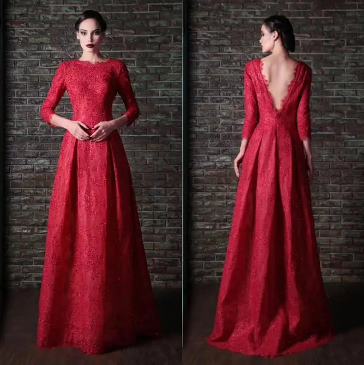 Long Backless Lace Modest Dark Red Prom Dresses with Sleeves 2015 New ...