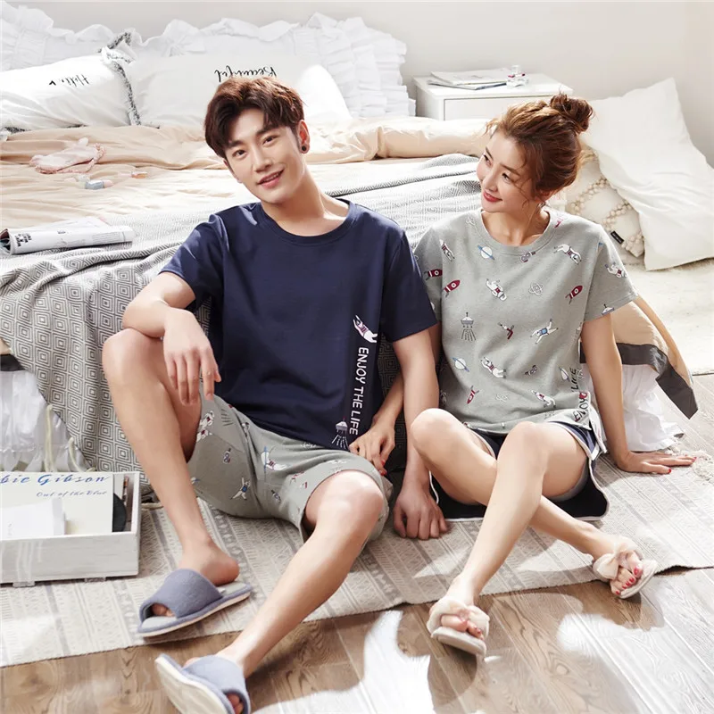 Leisure Home Female Short Sleeve Cotton Pajama Set Couple Lover Sweet ...