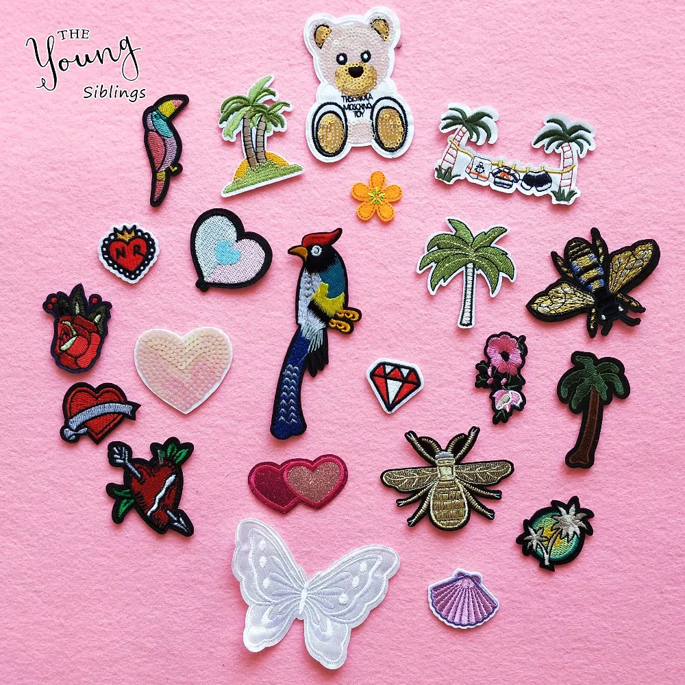 Embroidered Iron on Patches Cute Sewing cartoon heart Trees flower ...